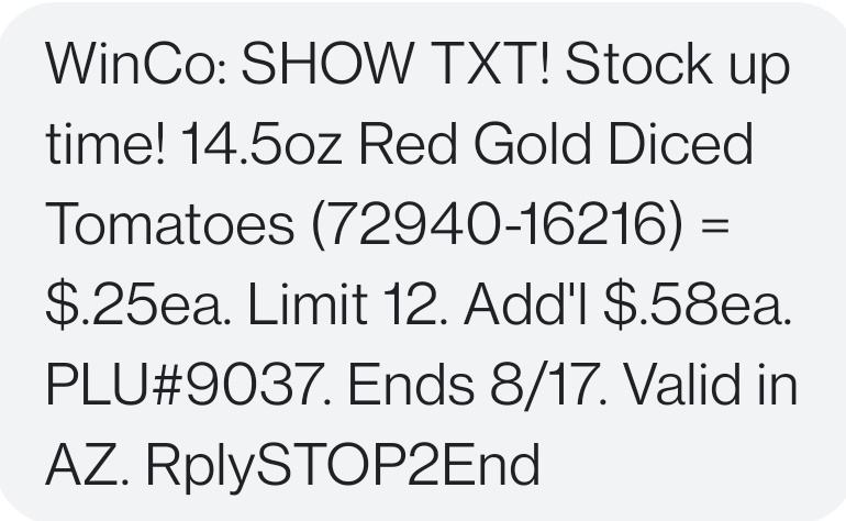 Winco Text Offers Digital Coupons Available 25¢ Canned Tomatoes This